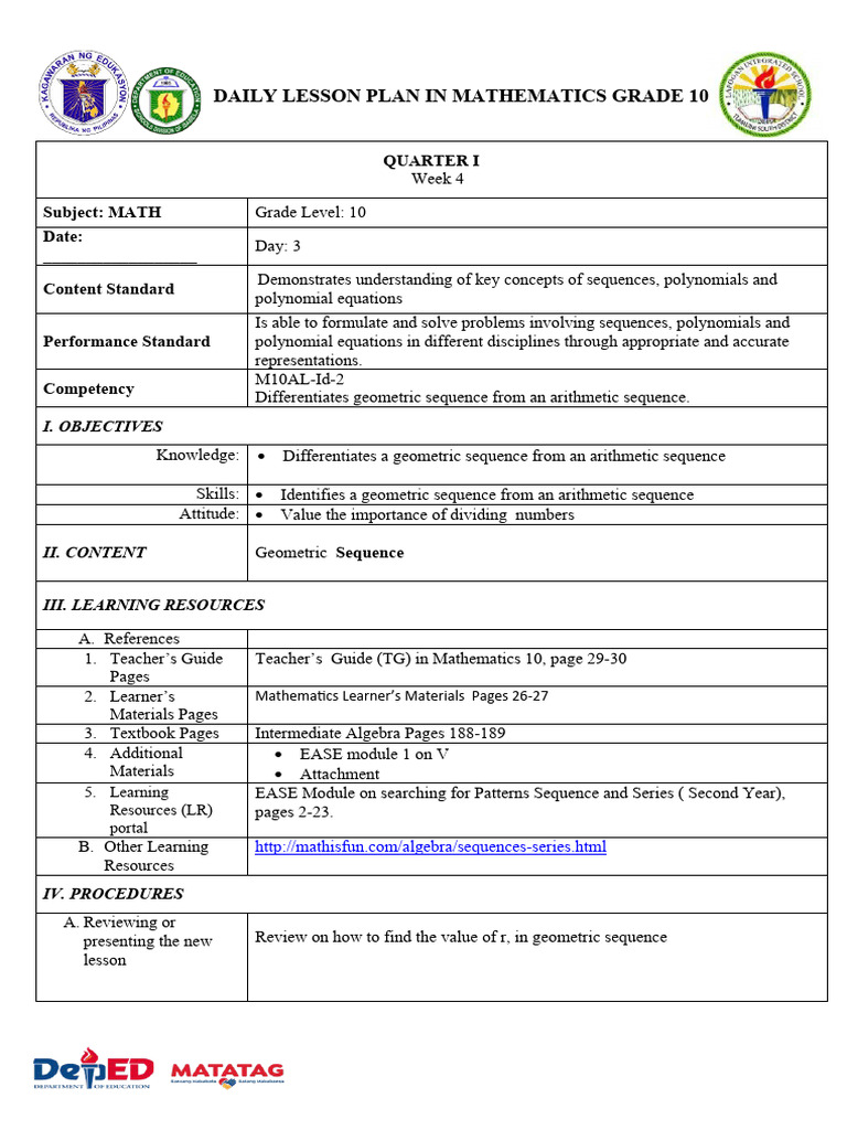 Grade 10 Math: Sequences Lesson | PDF