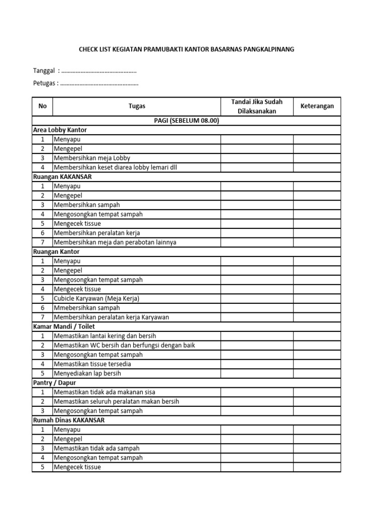 Check List Kegiatan Pramubakti | PDF