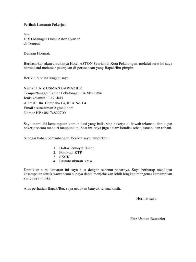 Lamaran Kerja Faiz | PDF