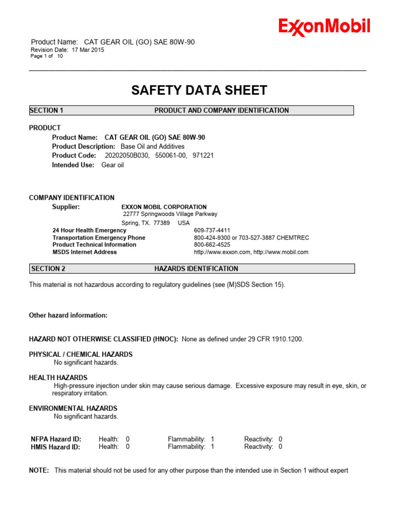 Safety Data Sheet: Product Name: CAT GEAR OIL (GO) SAE 80W-90 | PDF