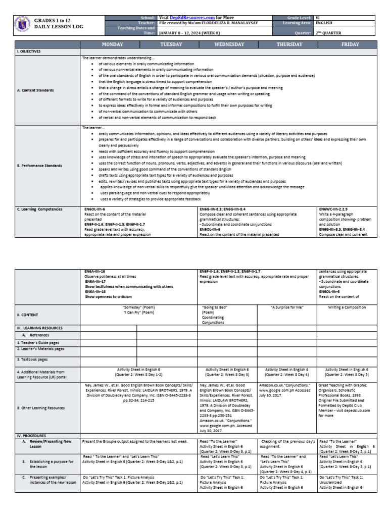 Grade 6 English Daily Lesson Plan | PDF