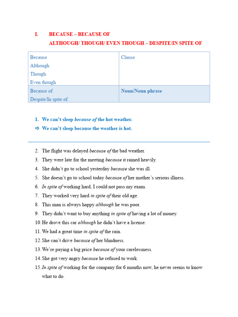 I. Because - Because of Although/ Though/ Even Though - Despite/In ...