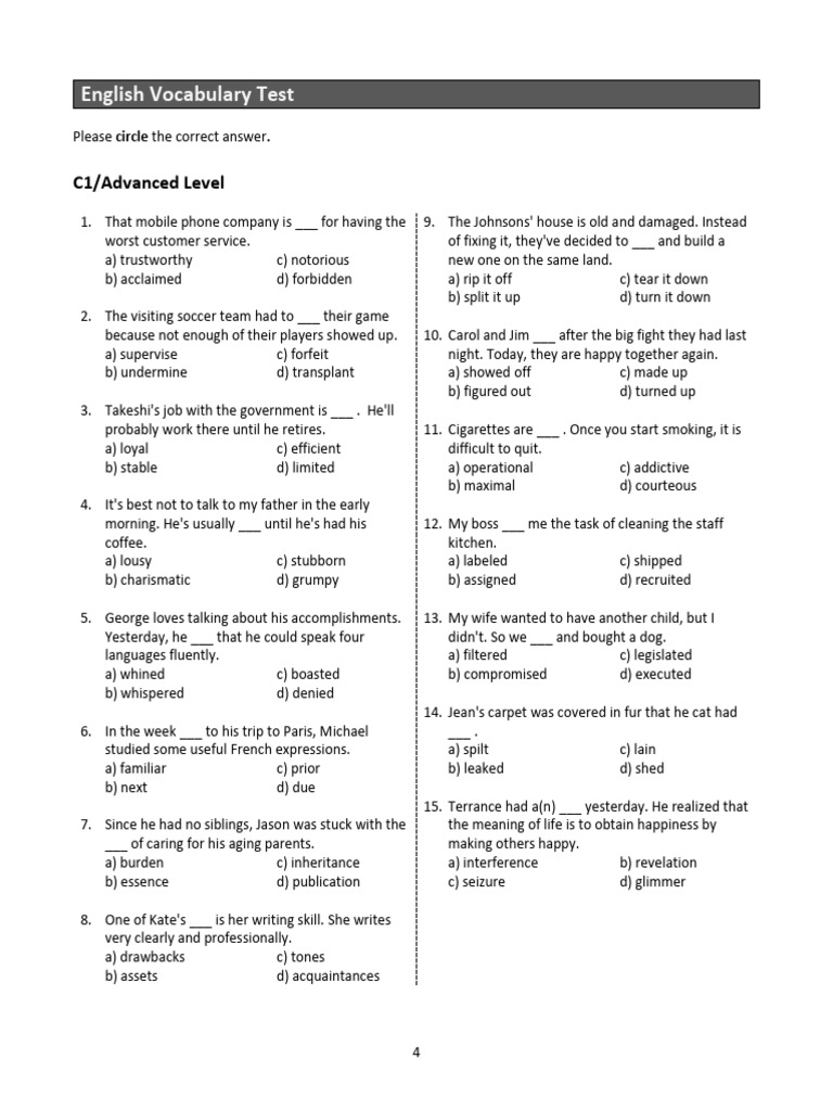 English Vocabulary Test (C1) PDF With Answers | PDF