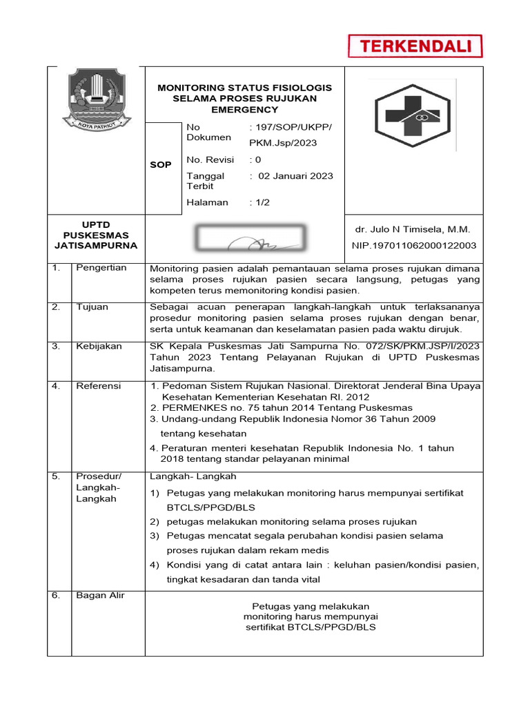 3.7.1 Sop Monitoring Status Fisiologis Selama Proses Rujukan Emergency ...