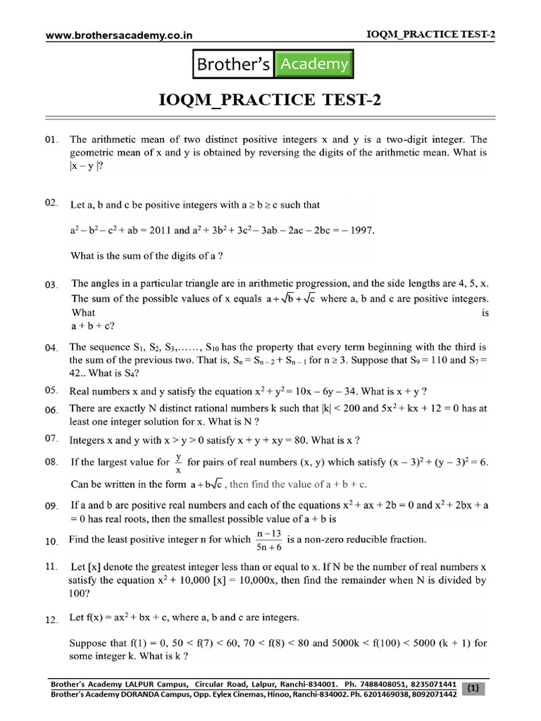 IOQM_Practice Test-2 | PDF