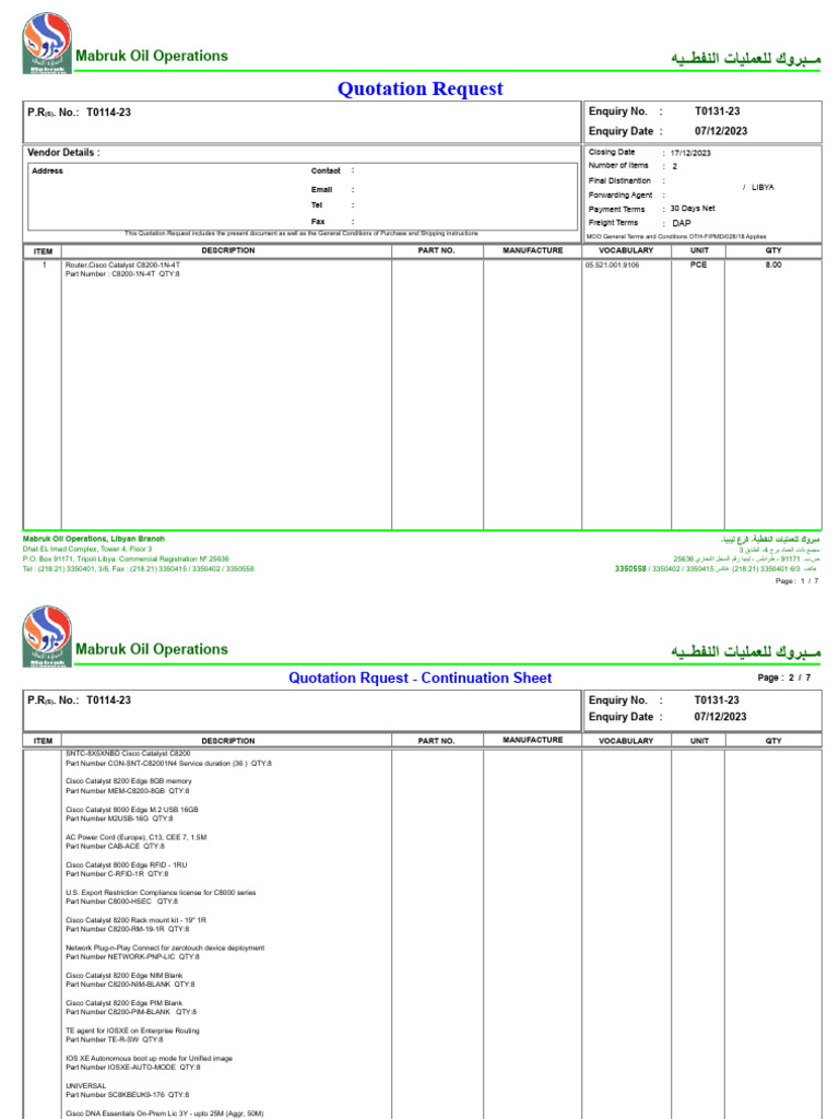 Quotation Request: Mabruk Oil Operations | PDF