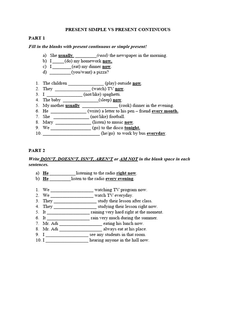 Fill in The Blanks With Present Continuous or Simple Present! | PDF ...