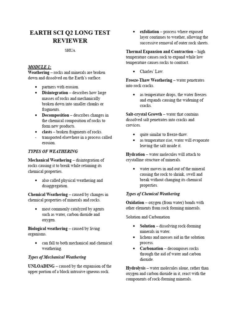 Earth Sci Q2 Long Test Reviewer | PDF | Magma | Weathering