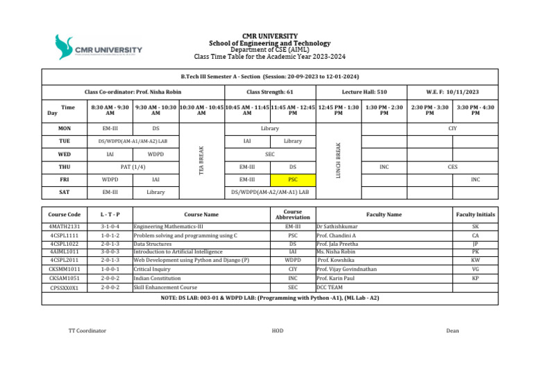 Aiml - Sec A - III Sem TT v7 - With PSC and Ss | PDF