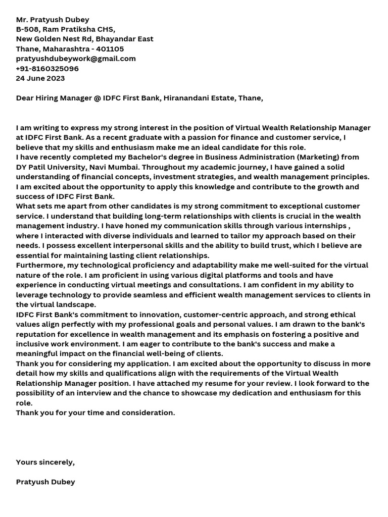 Cover Letter - IDFC - First Bank - Pratyush - Dubey | PDF