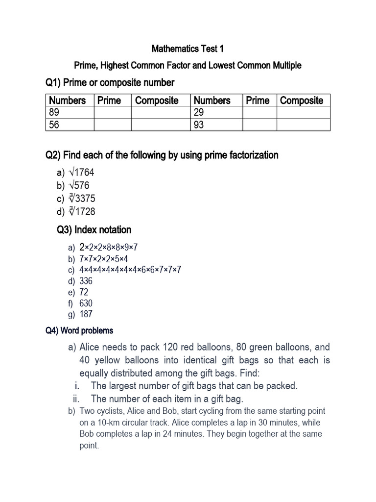 Mathematics Test 1 | PDF | Numbers | Number Theory