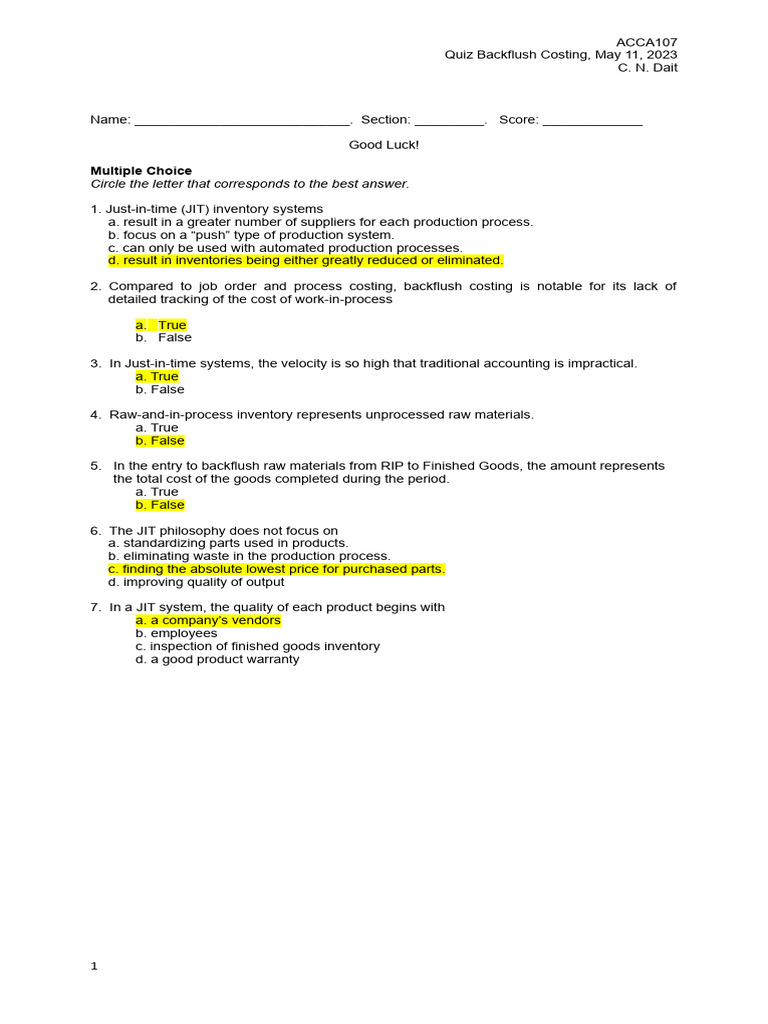 Acca107 Bakclfush Costing Quiz May2023 | PDF | Lean Manufacturing ...