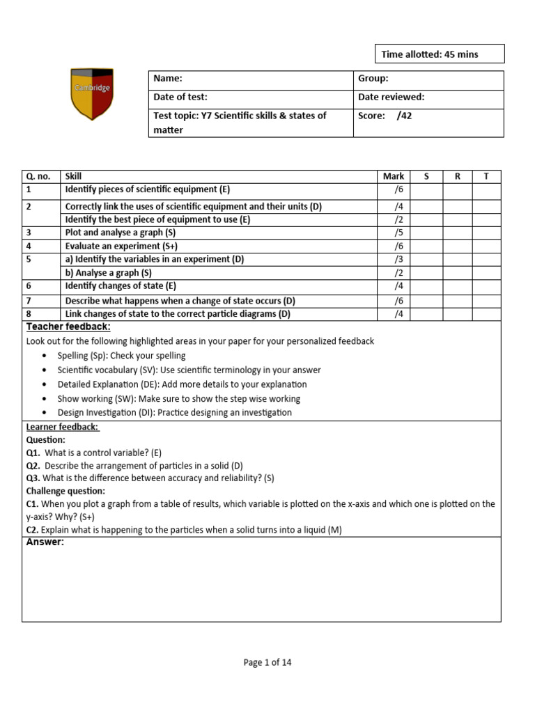 Y7 - Test - Scientific Skills | Download Free PDF | Melting Point | Metals