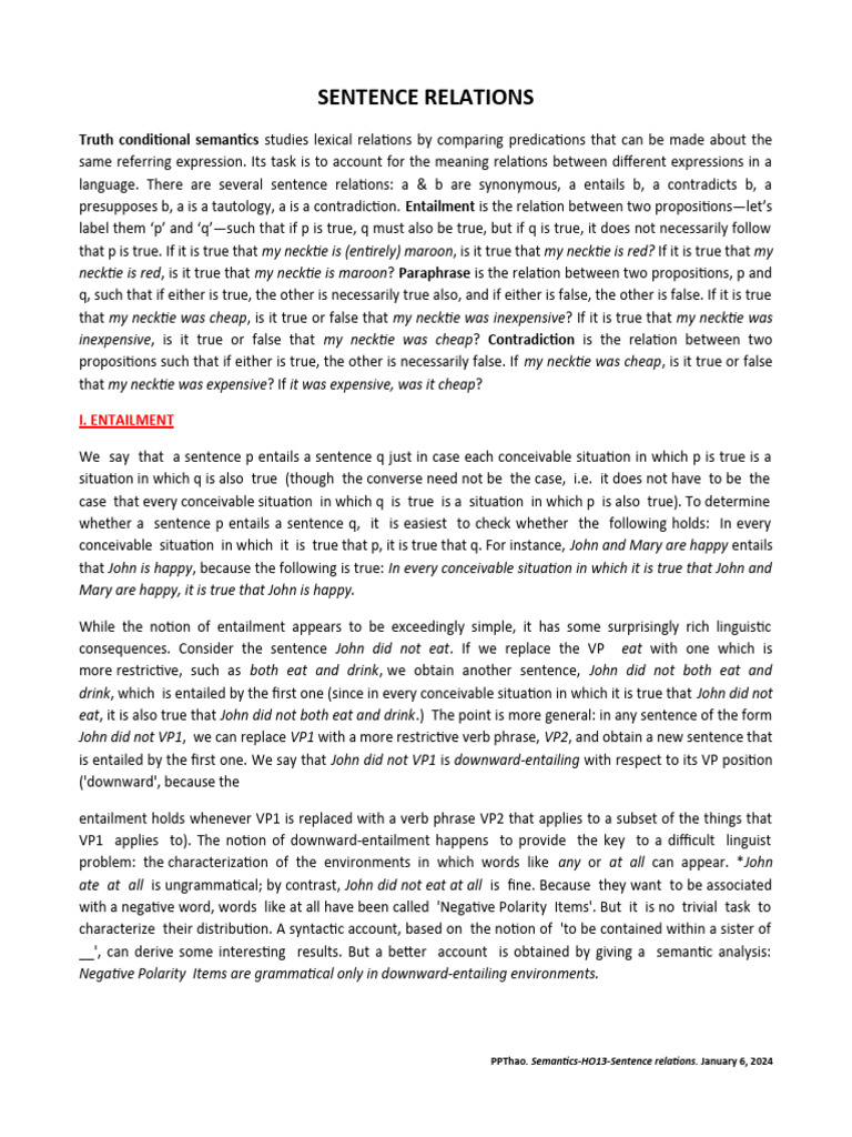 Semantics: Sentence Relations Guide | PDF | Contradiction | Logical ...