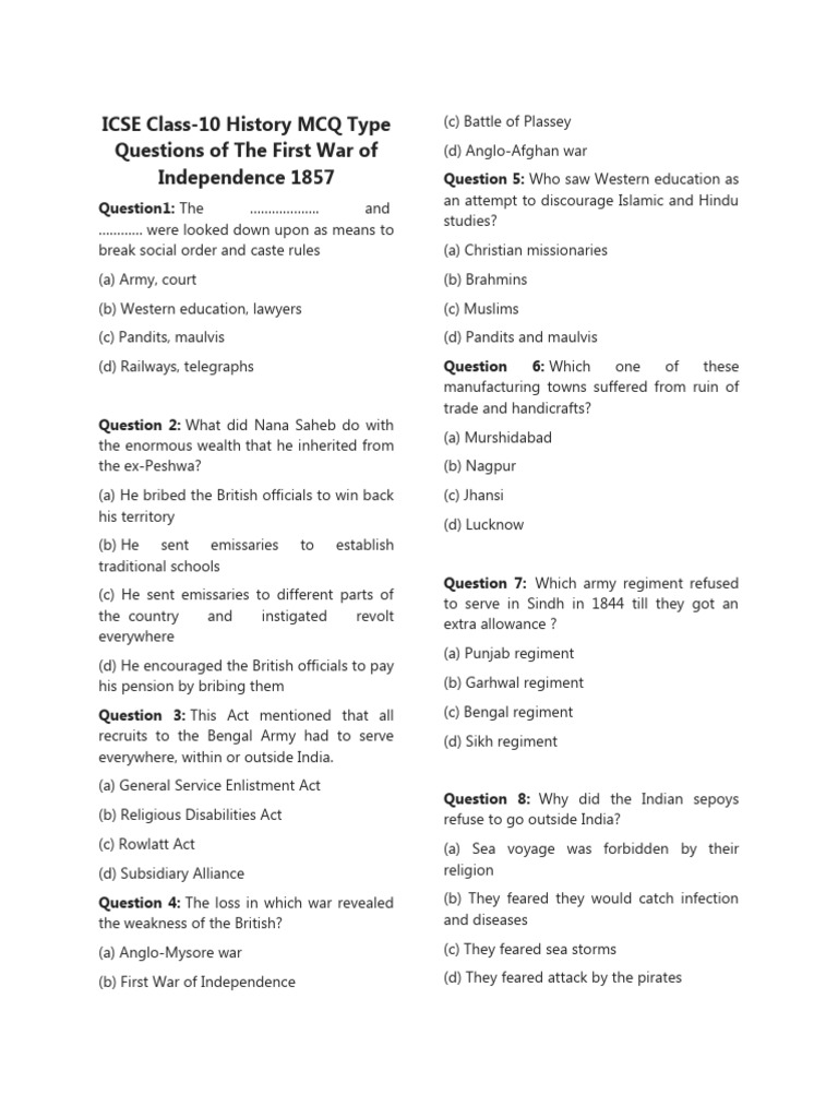 ICSE Class-10 History MCQ Type Questions of The First War of ...