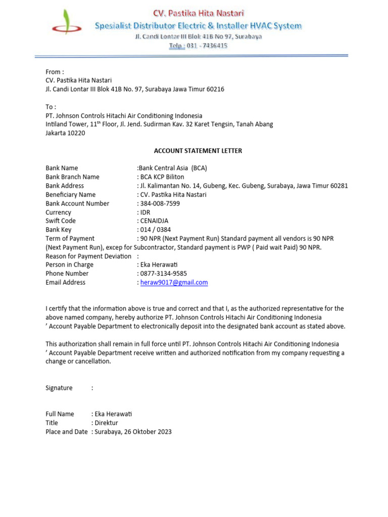 BCA Account Statement Authorization Letter | PDF