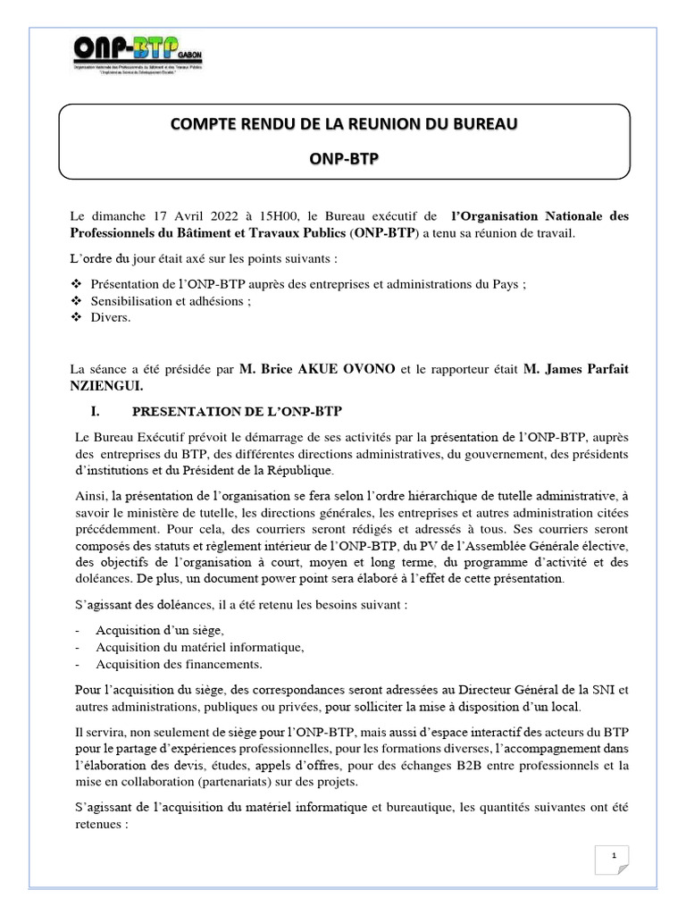 Compte Rendu de La Reunion Du Bureau Onp-Btp | PDF