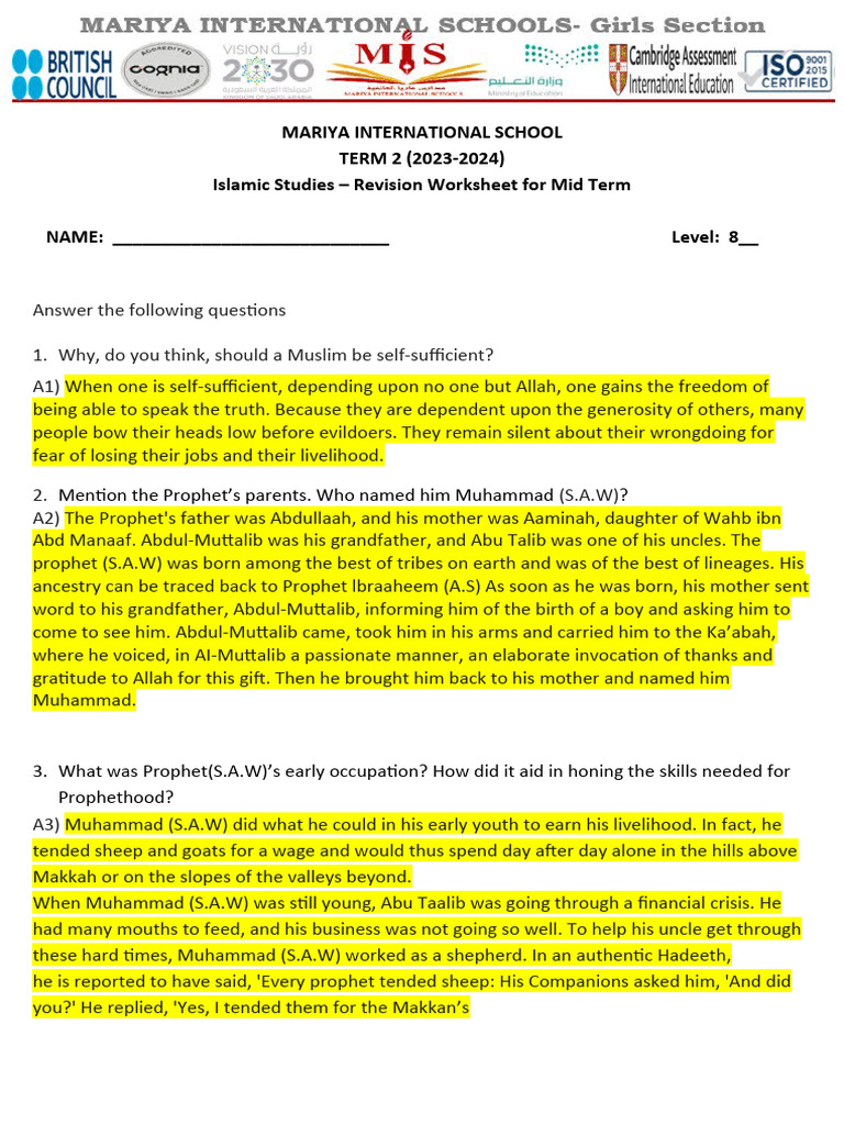 Islamic Studies Midterm Revision Worksheet | PDF