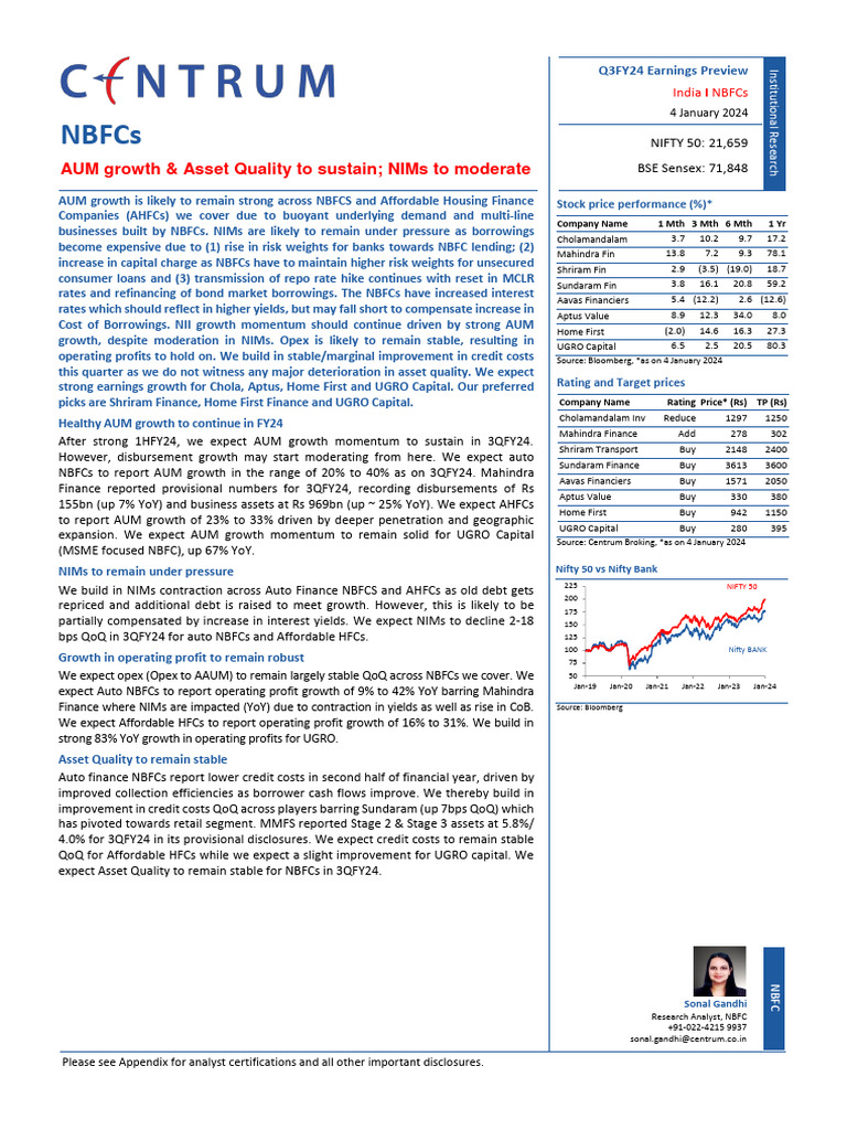 India NBFCs - Q3FY24 Results Preview - Centrum 04012024 | PDF