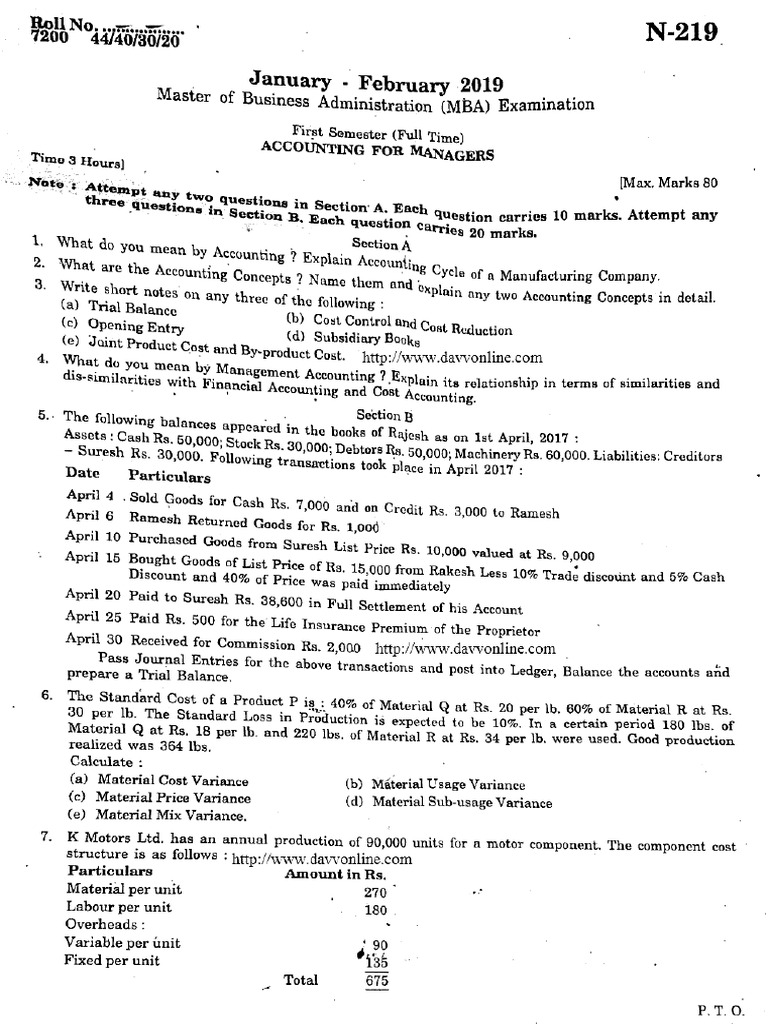 Mba 1 Sem Accounting For Managers N 219 Feb 2019 | PDF
