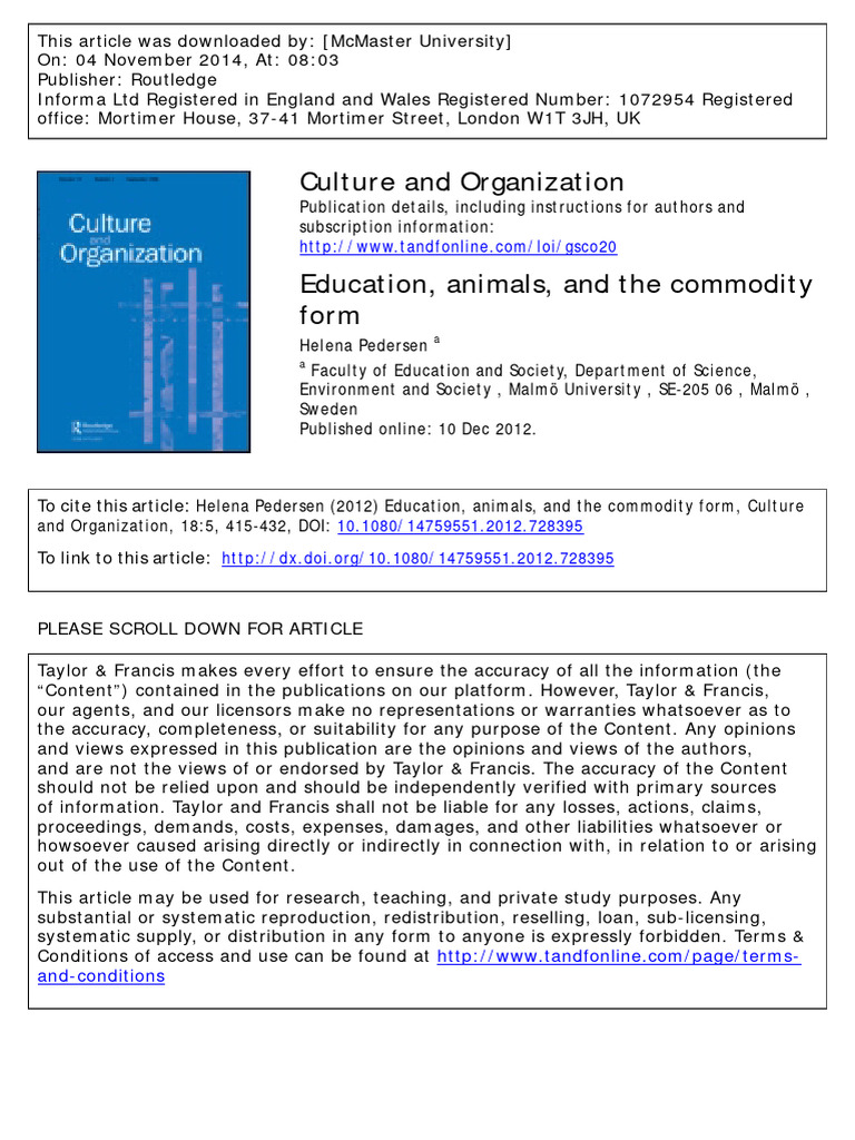 Pedersen - 2012 - Education, Animals, and The Commodity Form | PDF
