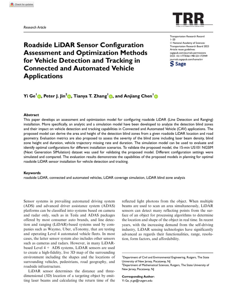 Ge Et Al 2023 Roadside Lidar Sensor Configuration Assessment and Optimization Methods For ...