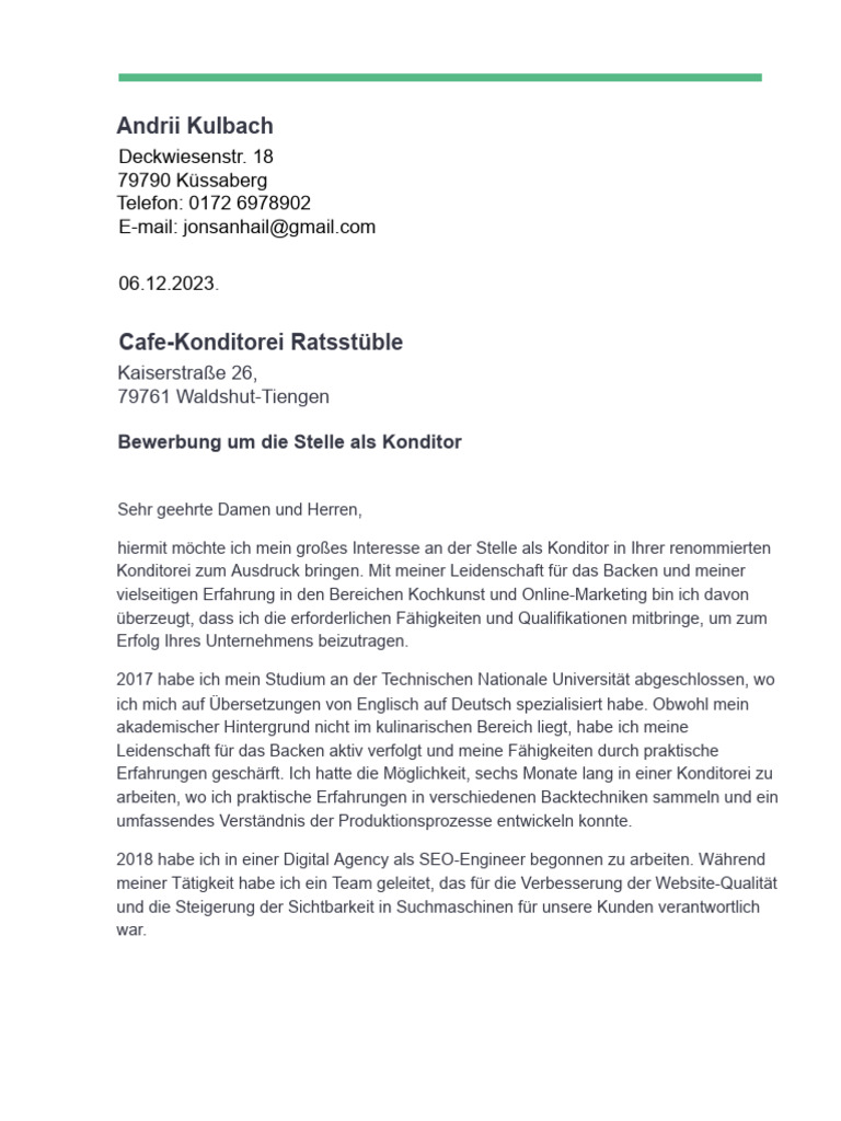 Bewerbung Um Die Stelle Als Konditor 1 | PDF