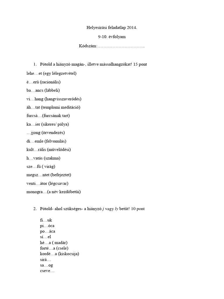 Feladatlap És Megoldókulcs 9 ÉS 10. OSZTÁLY NYELVTAN | PDF