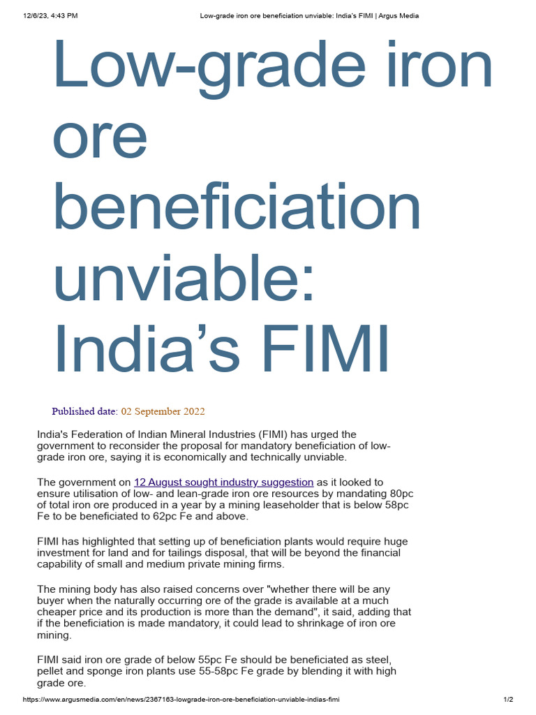 FIMI: Low-Grade Iron Ore Beneficiation Unviable | PDF | Iron Ore | Ore