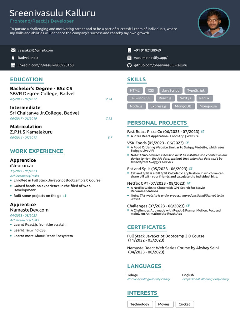 Sreenivasulu's Resume Frontend | PDF | Java Script | Computing