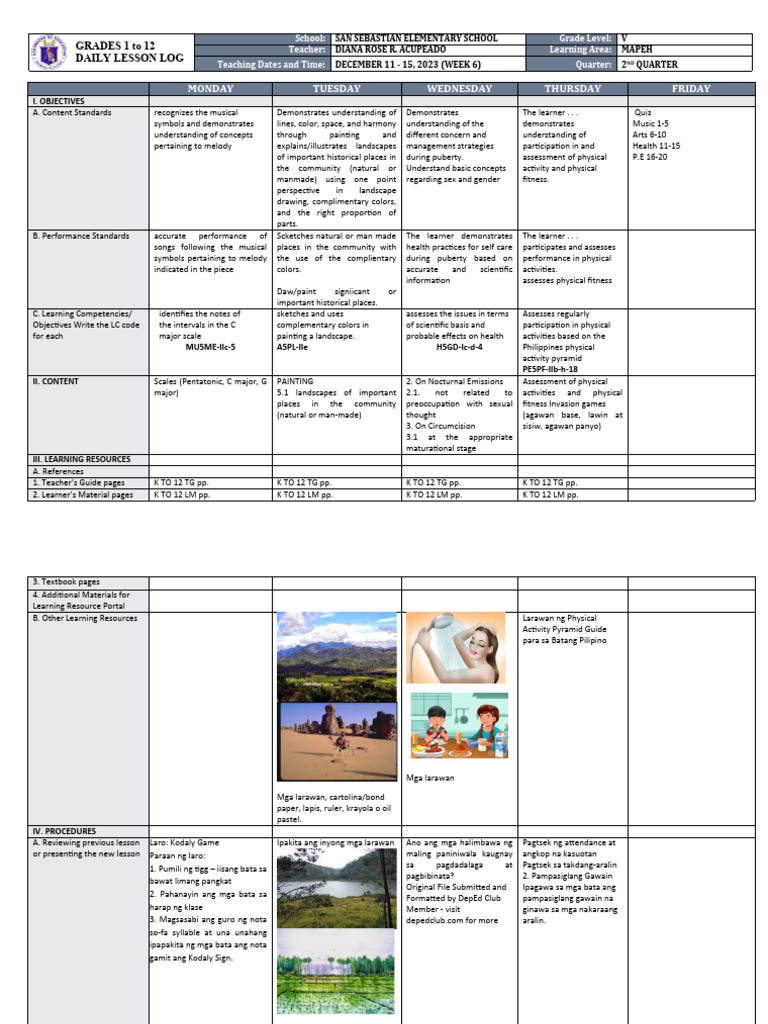 DLL - Mapeh 5 - Q2 - W6 | PDF