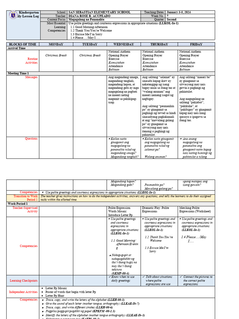 Kindergarten DLL MELC Q2 Week 7 | PDF