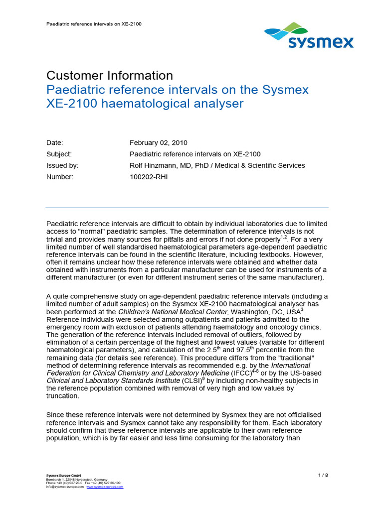 Pedijatrijske Referntne Vrednosti - 100202-RHI-CustInf-Paediatric Reference Intervals On XE-2100 ...