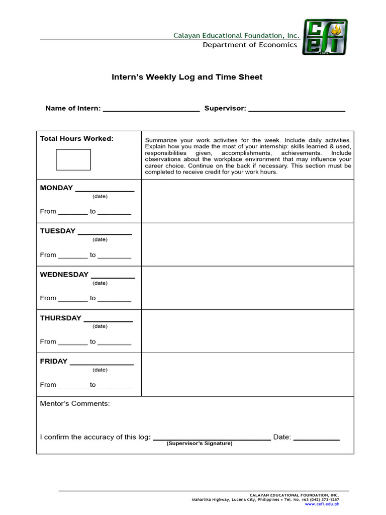 Intern's Weekly Log and Time Sheet: Name of Intern: - Supervisor | PDF