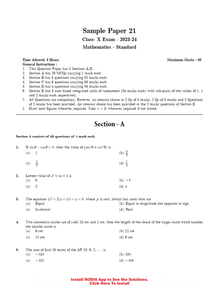 MA Sample Paper 21 Unsolved | PDF | Circle | Elementary Mathematics
