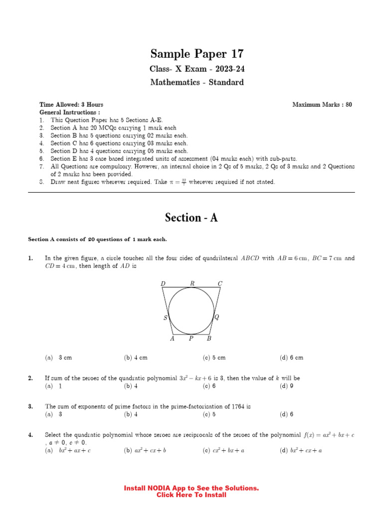 MA Sample Paper 17 Unsolved | PDF | Quadratic Equation | Zero Of A Function
