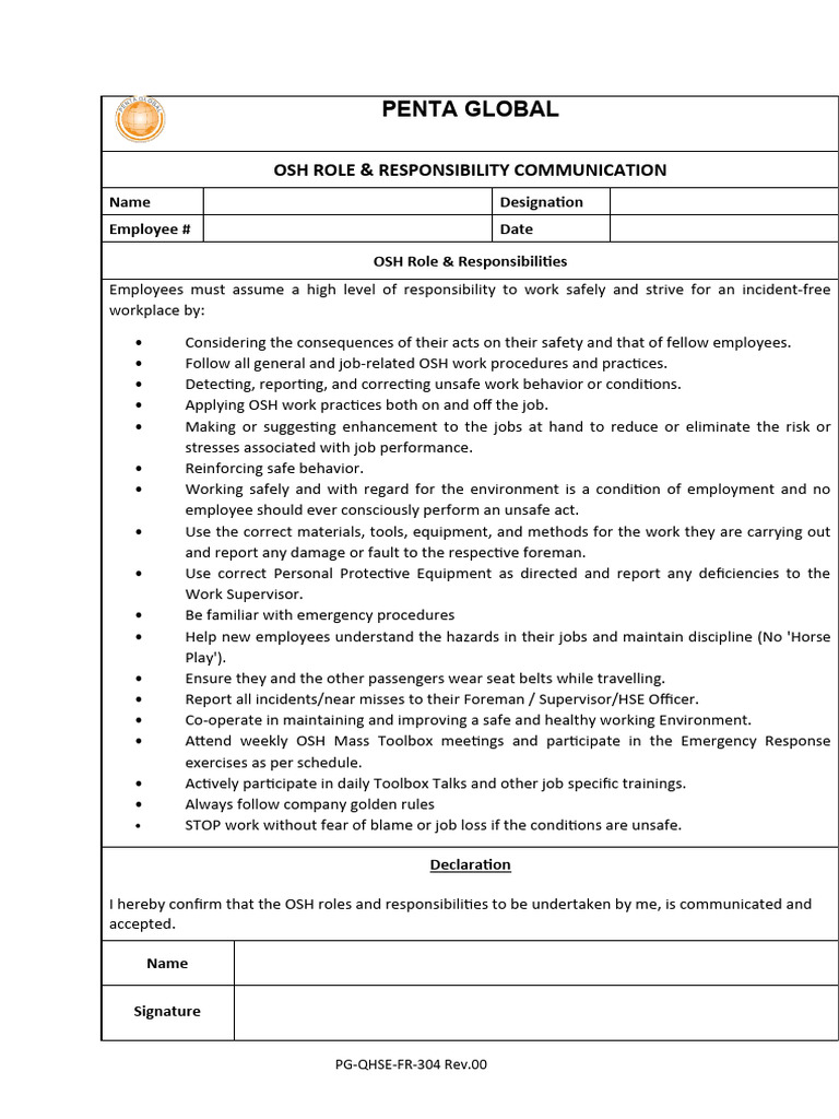 OSH Roles & Responsibility Communication Form - EMPLOYEES | PDF ...