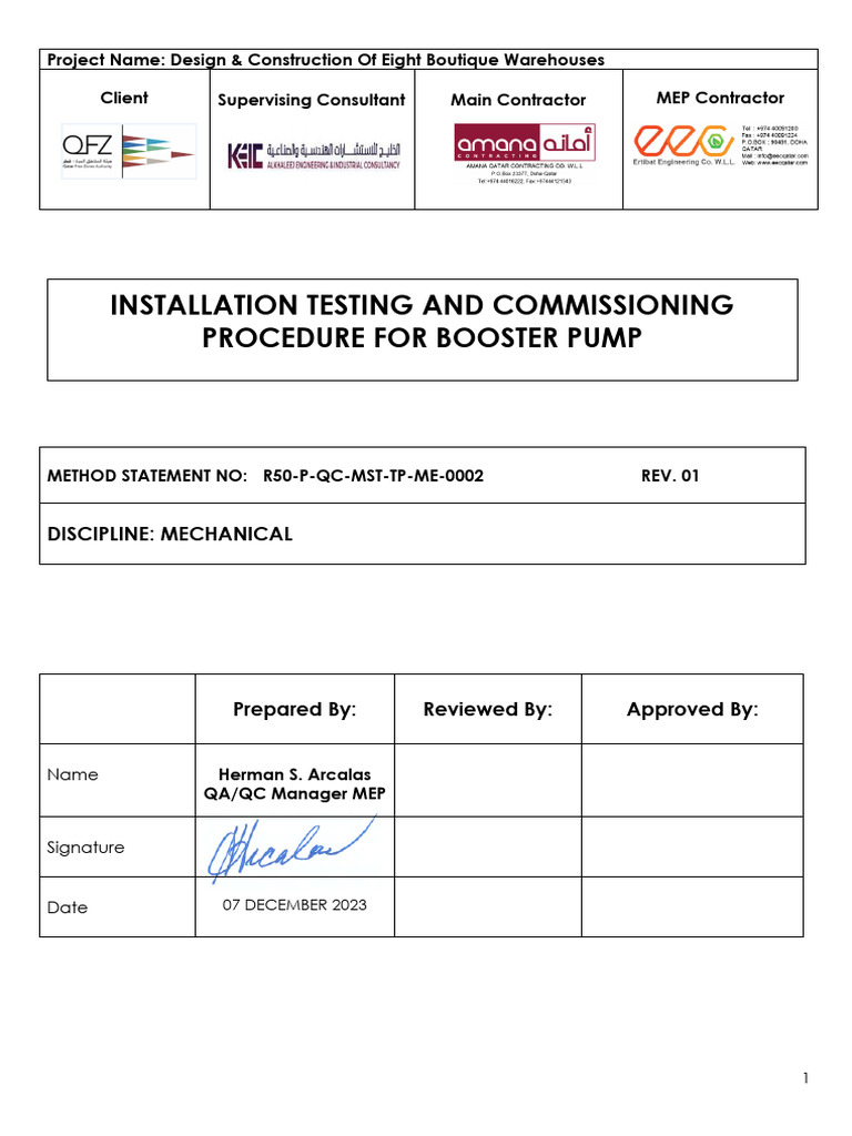 Booster Pump Installation Method Statement | PDF | Pump | Occupational ...