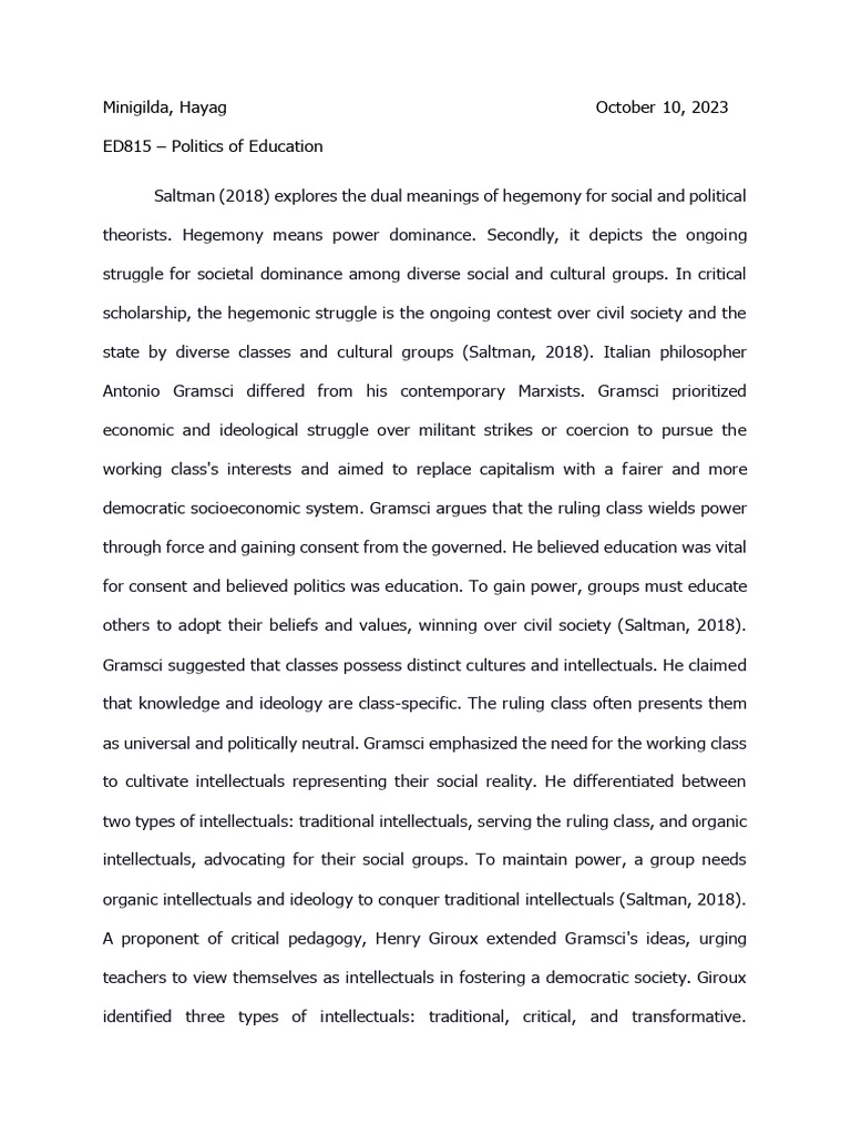 Module 4 - Reflection Paper ED 815.pd | PDF | Politics