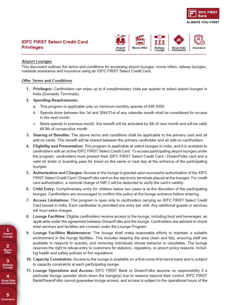 IDFC FIRST Select Credit Card Benefits | PDF | Finance & Money Management