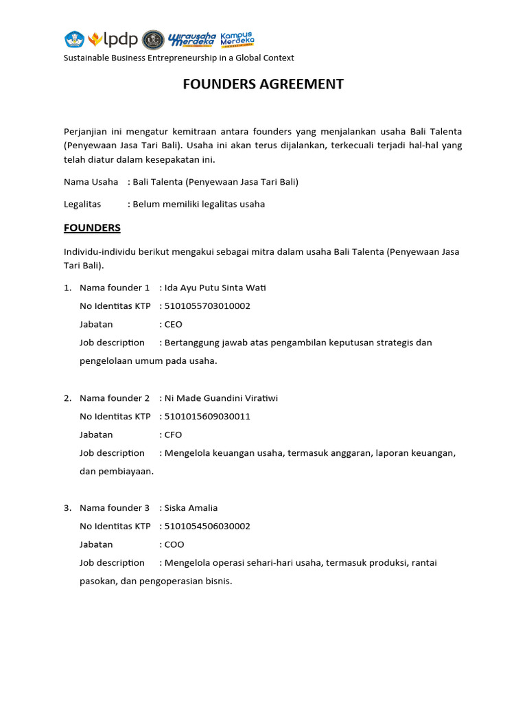 Perjanjian Pendiri Bali Talenta | PDF