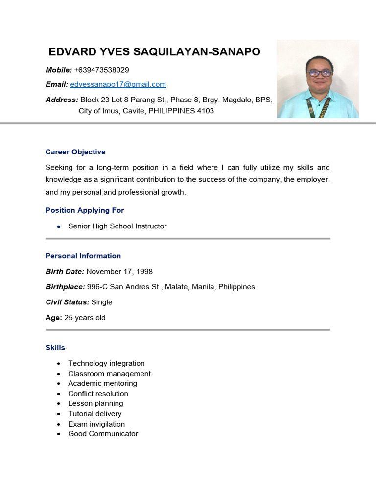 Senior High School Instructor CV | PDF