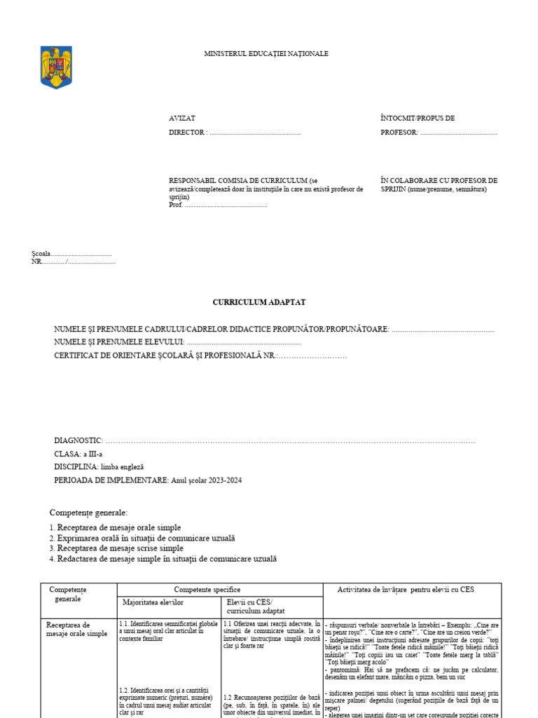 Curriculum Adaptat Clasa A III-a Engleza L1 | PDF