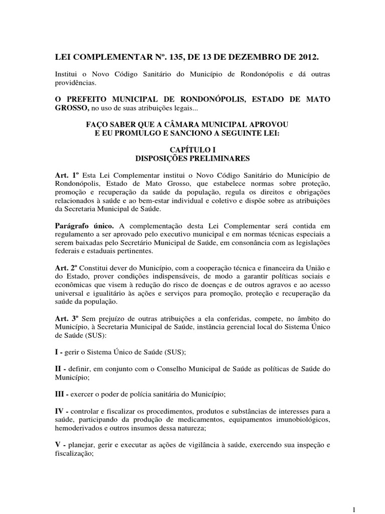 Código Sanitario - Lei - Complementar - N - 135 - de - 2012 | PDF