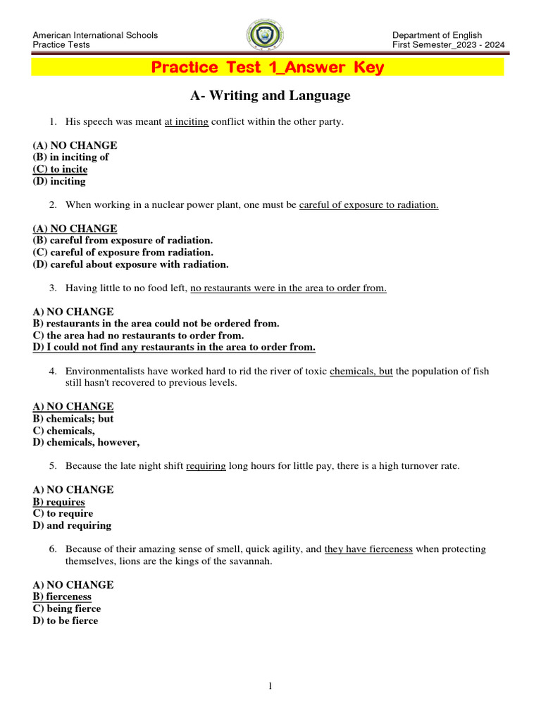AIS_E_Practice Tests_Grade 10_First Semester__2023-2024_Key Answer | PDF