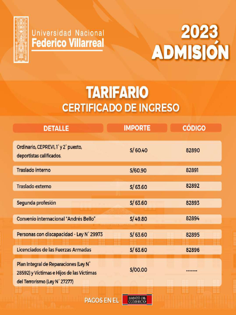 Admision Tarifario 2023 | PDF