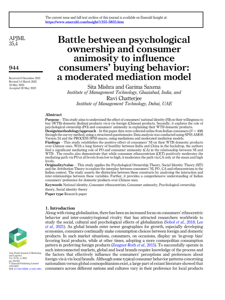 Mishra-2022-APJML-Battle Between Psychological Ownership and Consumer Animosity To Influence ...
