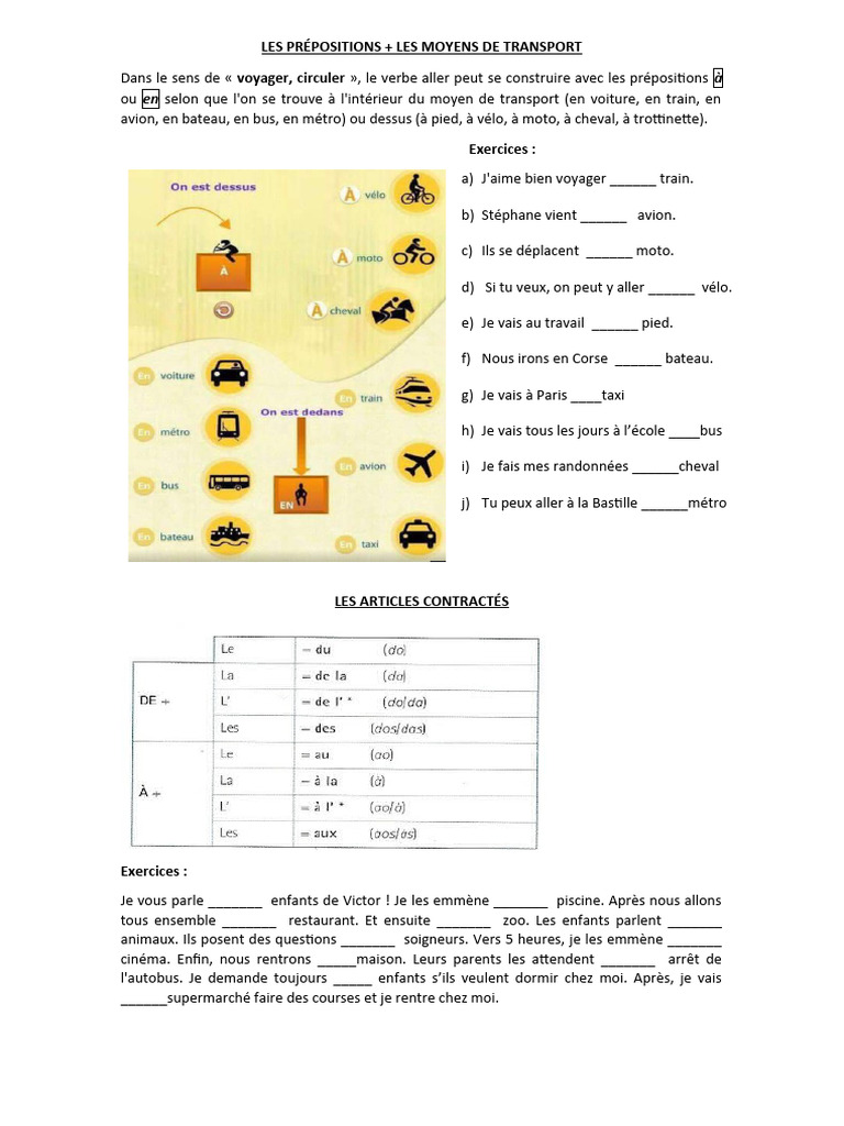 Les Articles Contractés + Les Prépositions Et Les Moyens de Transport | PDF