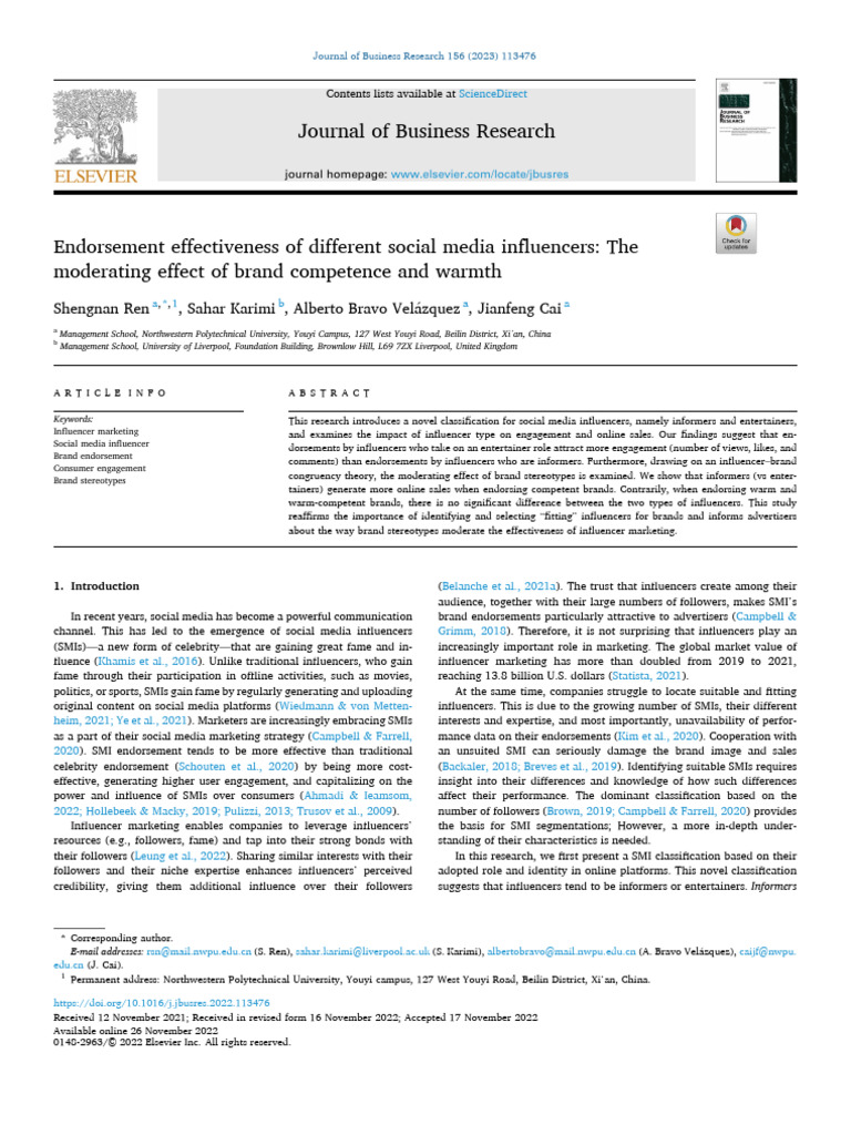 Ren-2023-JBR-Endorsement Effectiveness of Different Social Media Influencers - The Moderating ...