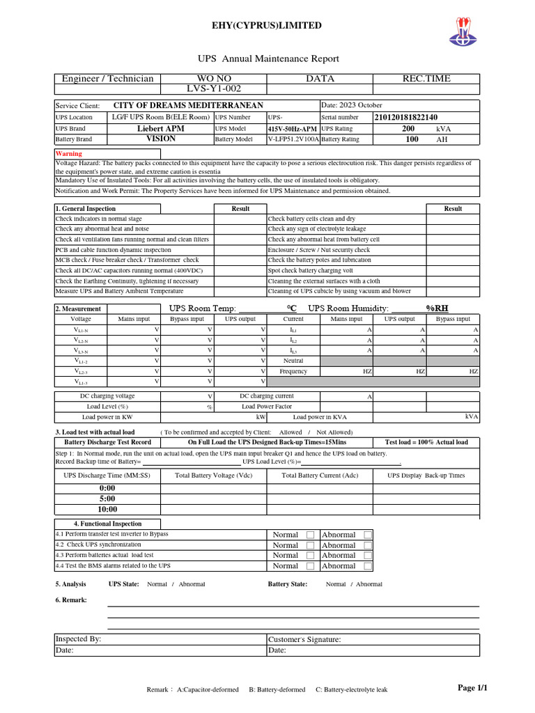 36A. LVS-Y1-002 UPS Annual Maintenance Report Template (CODM) Finish ...